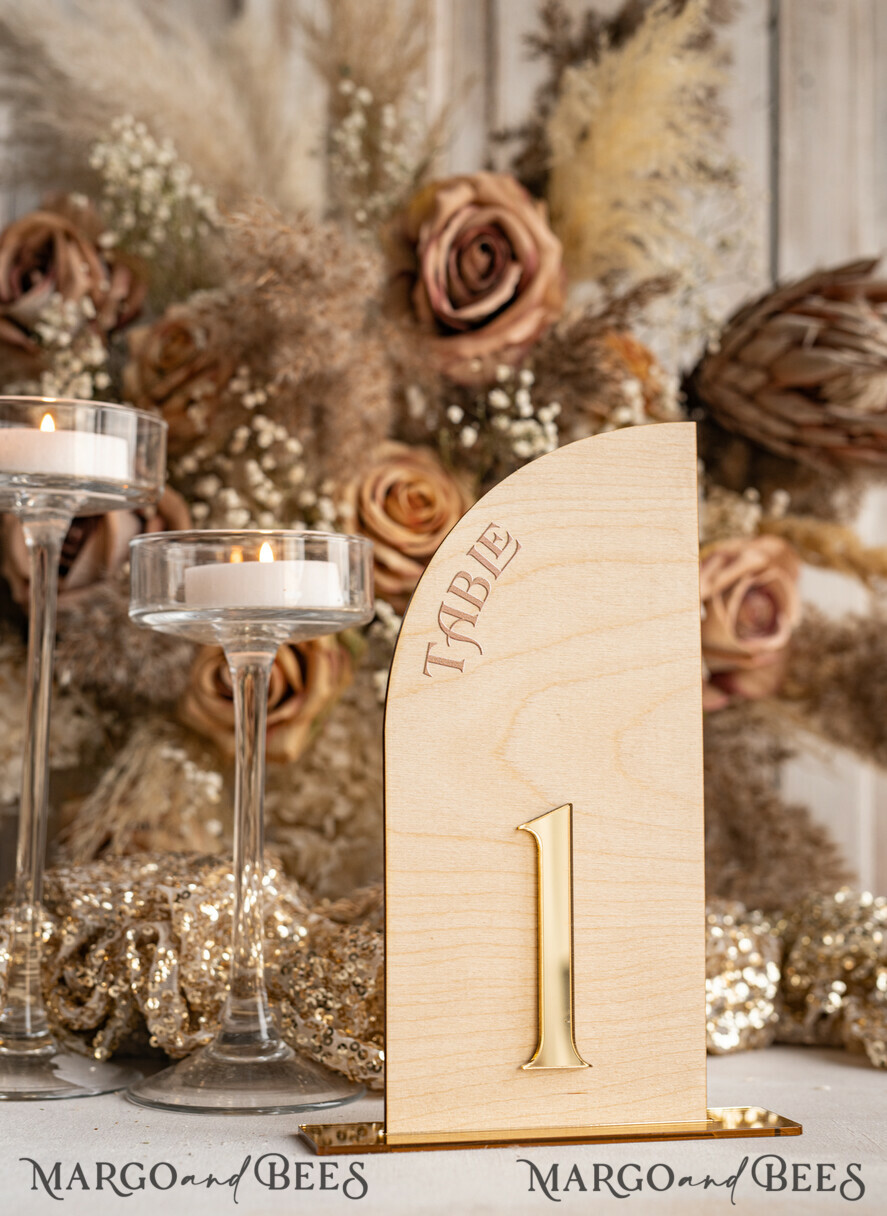 Rustic Wood Half Arch Wedding Table Numbers, Wooden Gold Plexi Table ...
