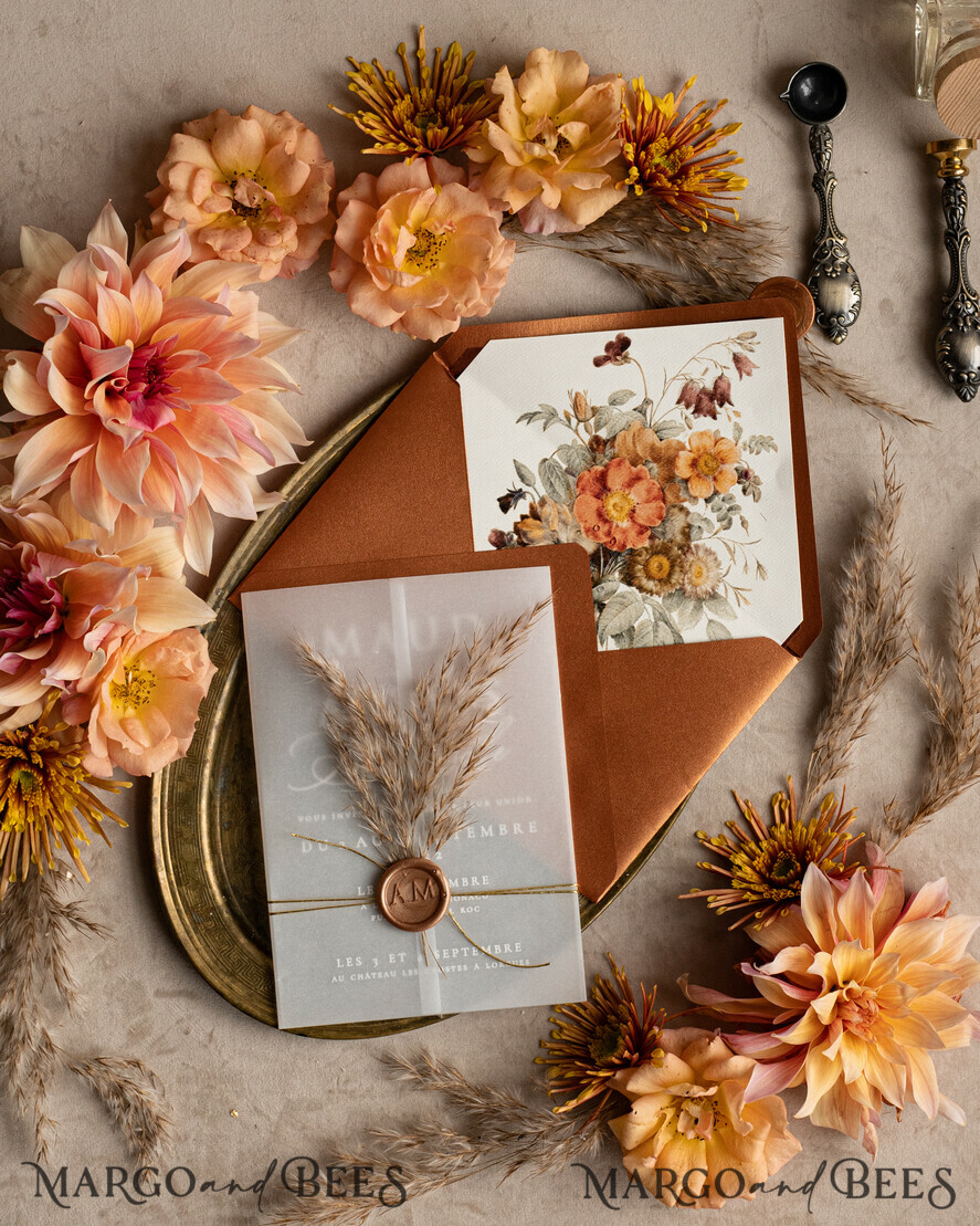 Fall Terracotta Acrylic Wedding Invitation set, Real Pampas Grass ...
