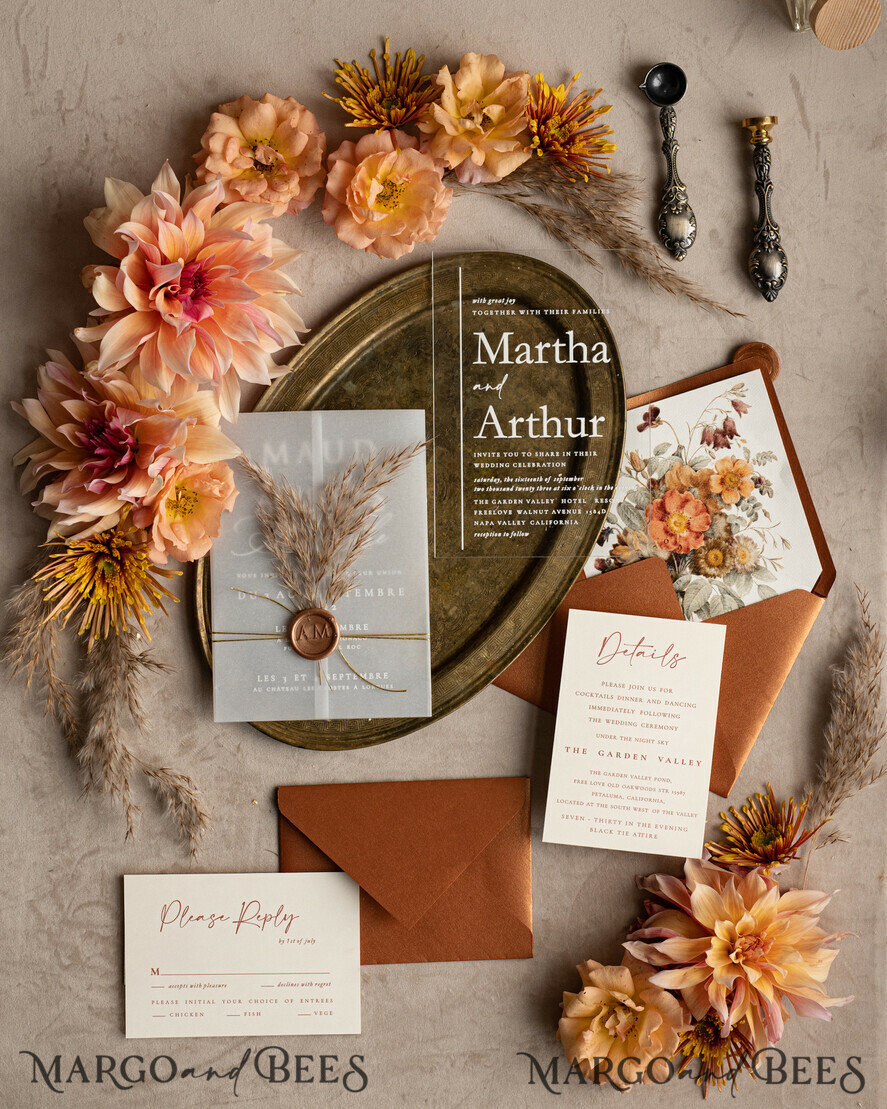 Fall Terracotta Acrylic Wedding Invitation set, Real Pampas Grass ...